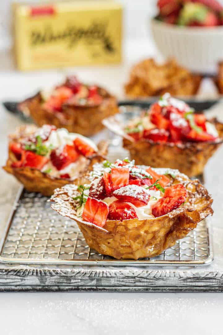 Brandy Snaps Baskets with Strawberries and Cream - Baking with Butter
